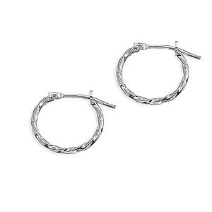 14K White Gold Very Tiny Small 12mm High Polished Twist Thin Lightweight Hoop Earrings for Men Women