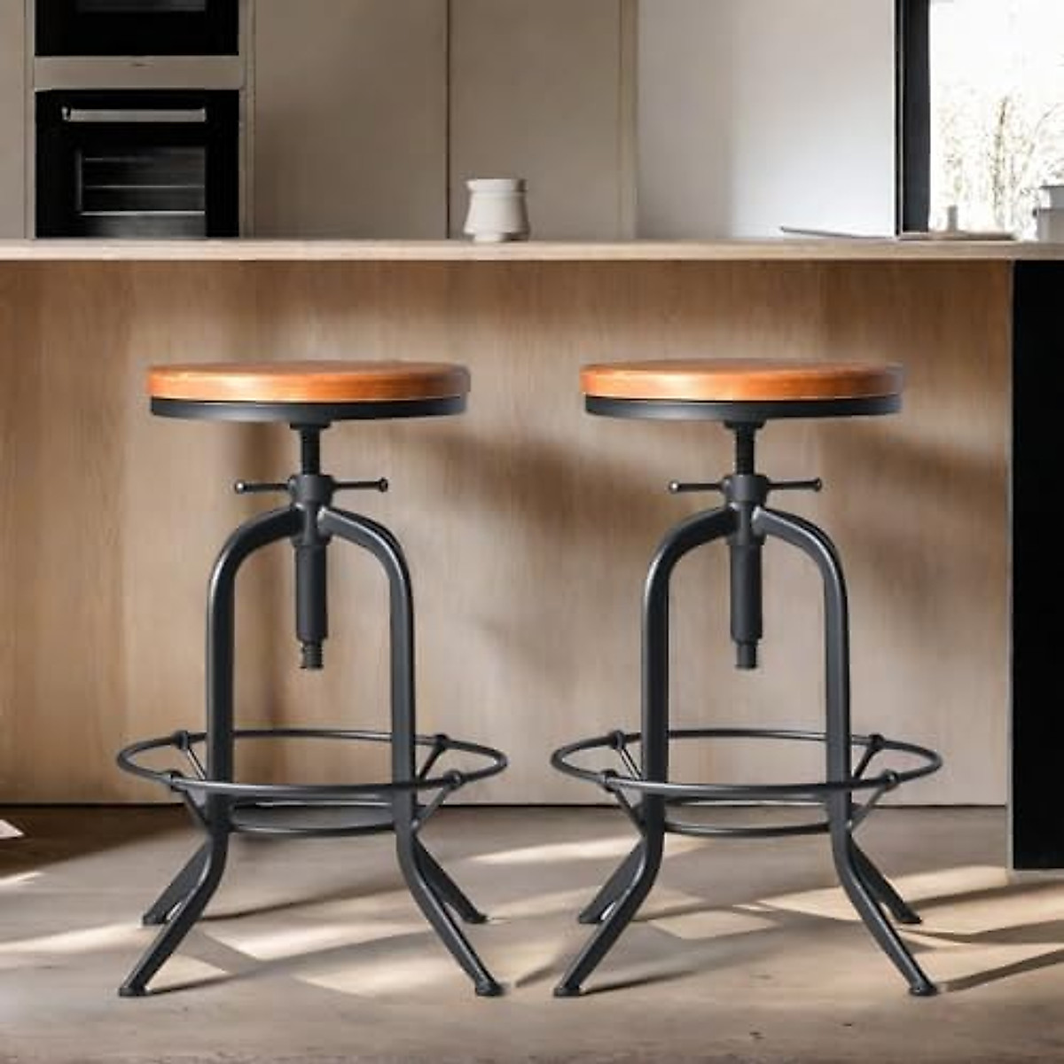 Lisuden Industrial Farmhouse Bar Stools Set of 2, Black Metal Base, Wood Seat, Adjustable Height 24.8-30"