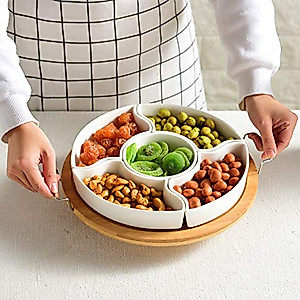 yarlung 10 Inch Ceramic Divided Serving Dishes with Bamboo Platter, Appetizer Tray 5 Removable Snacks Bowls for Candy and Nut, Chips and Dips, No Lid Included