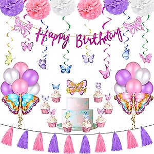 Sumind Butterfly Birthday Party Decoration for Girls Purple Butterfly Party Supply Include Happy Birthday Banner Butterfly Cake Topper Butterfly Hanging Swirl Foil Latex Balloon Paper Pom Pom
