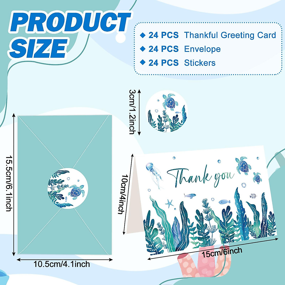 JarThenaAMCS 24 Set Under the Sea Thank You Cards with Envelopes and Stickers Blue Seaweed Sea Turtles Fish Greeting Cards for Birthday Wedding Baby Shower, 4 x 6 Inch