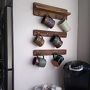 YCOCO Coffee Mug Holder,Rustic Wood Wall Mounted Coffee Mug Rack with 12 Hooks and Storage Shelf,for Coffee Bar Accessories and Decor,Set of 3