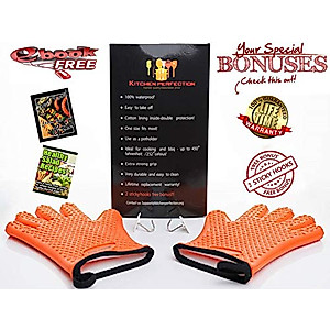 KITCHEN PERFECTION Silicone Smoker Oven Gloves -Extreme Heat Resistant BBQ Gloves-Handle Hot Food Right on Your Grill Fryer &Pit|Waterproof Grilling Cooking Baking Mitts|Superior Value Set +3 Bonuses