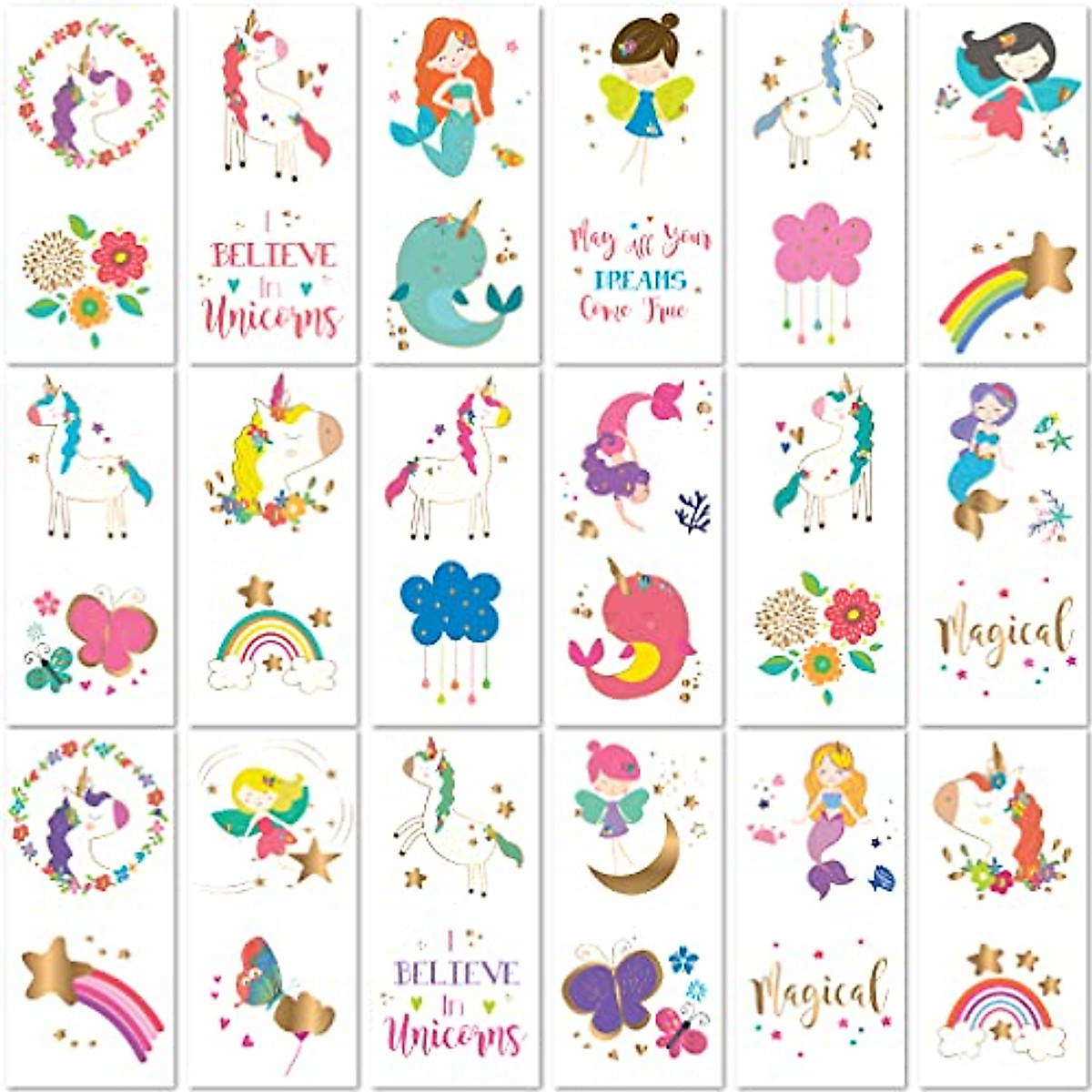 PapaKit Unicorn and Friends 36 Temporary Fake Tattoo Set, 18 Individually Wrapped Sheets | Kids Girls & Boys Birthday Party Favor Gift Reward, Non-Toxic Safe Removable
