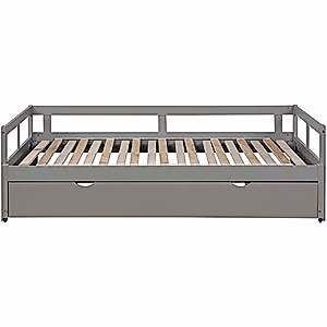 MERITLINE Daybed with Trundle,Twin to King Trundle Bed Extendable Design, Wooden Daybed/Sofa Bed for Bedroom Living Room,No Box Spring Needed,Grey