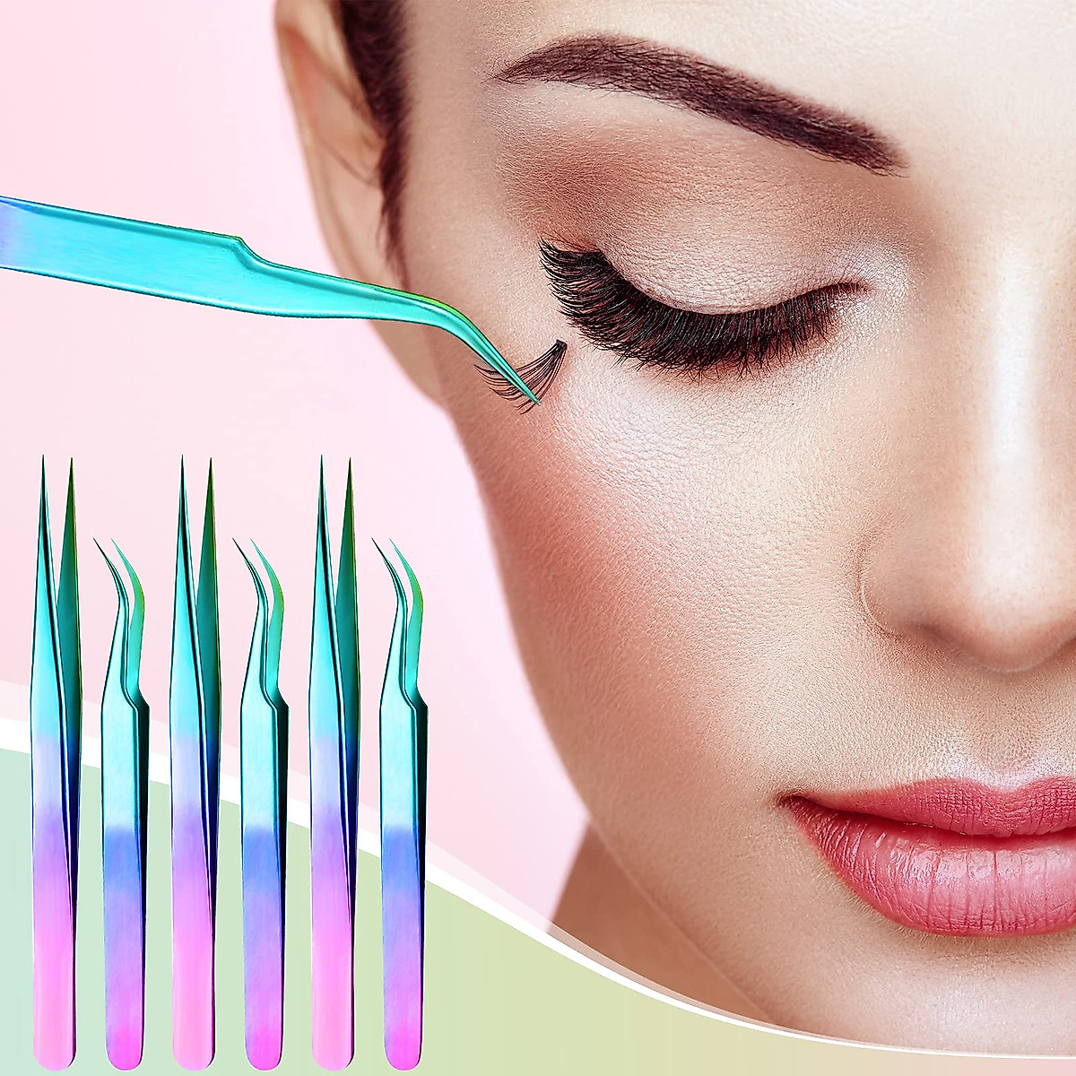 Mudder 6 Pcs Lash Tweezers Precision Eyelash Tweezers for Lash Extension, Straight and Curved Tip, Stainless Steel for False Volume Eyelash Application Tools(Laser)