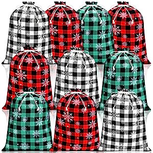 Shappy 10 Pcs Christmas Buffalo Plaid Drawstring Bags Drawstring Gift Bags Large Sacks Xmas Wrapping Bags Cotton Drawstring Bags Sack for Party Favors Candies (Red, Green, Black,12 x 16 Inch)