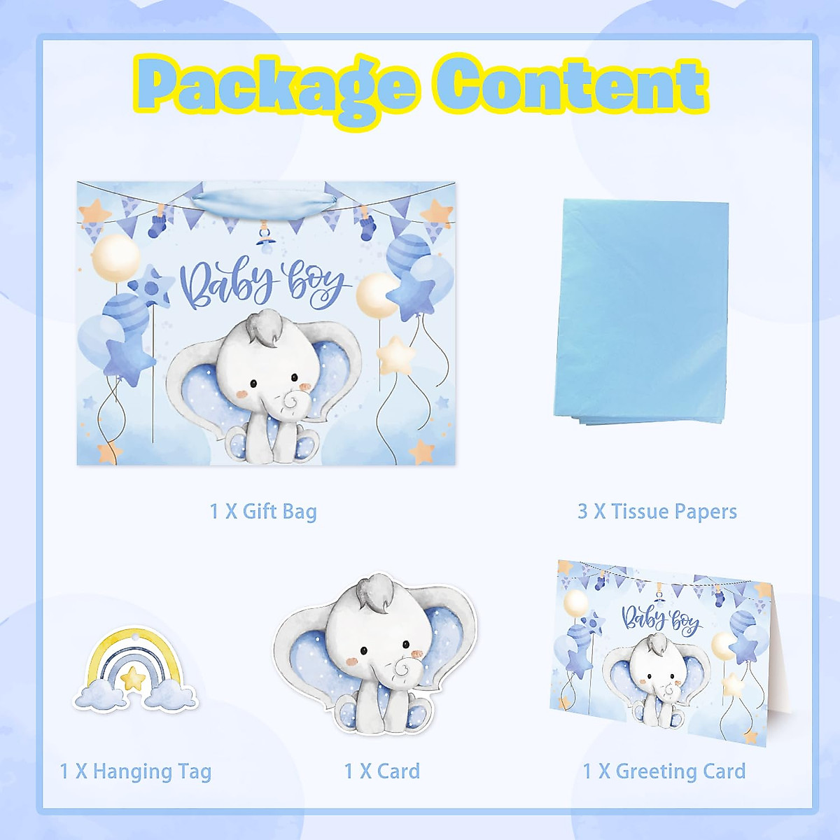 Mpanwen 16" Large Baby Boy Gift Bag for Boy, 3D Making Blue Elephant Theme Baby Gift Bag with Tissue Paper and Greeting Card