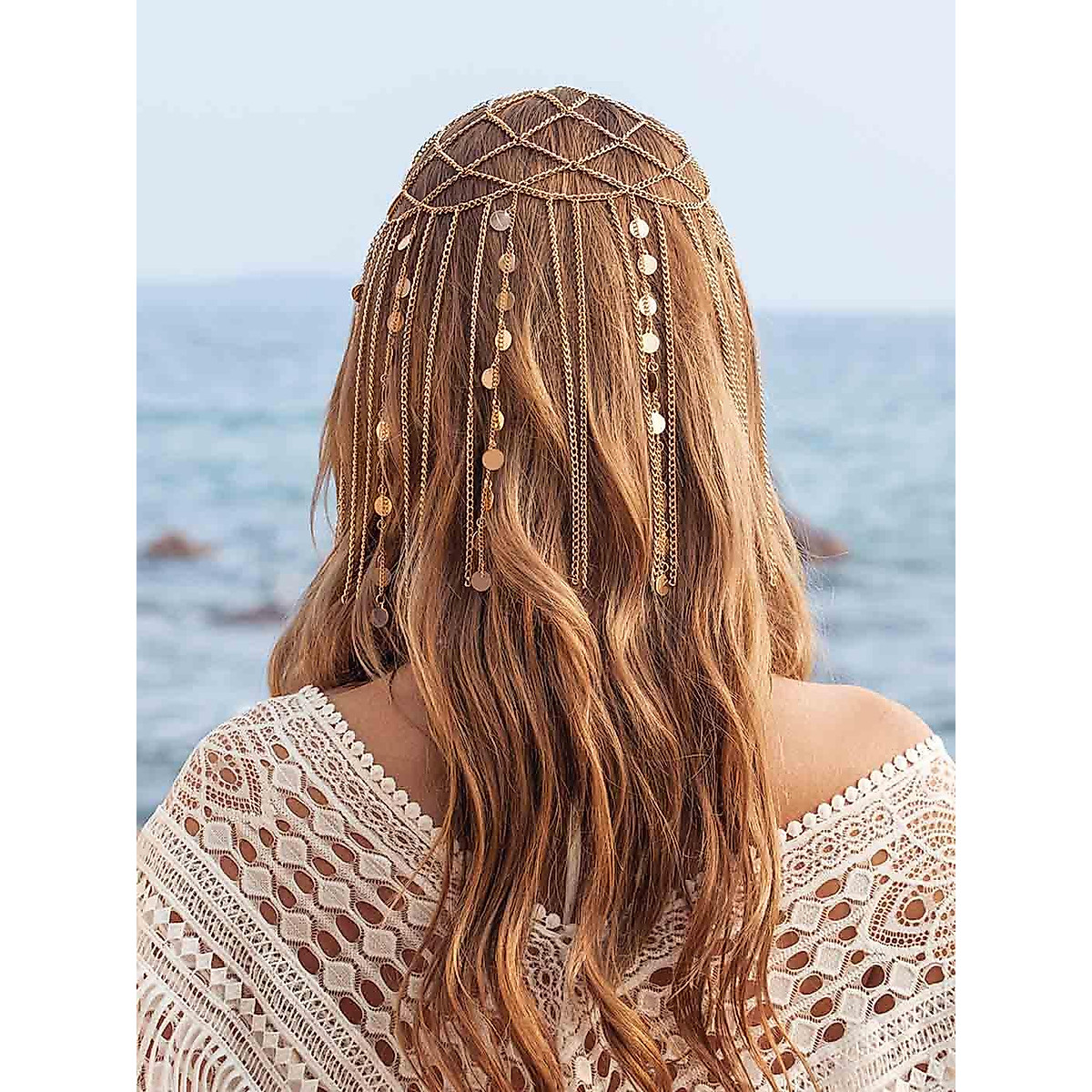 Yean Adults Gold Head Chain Sequins Headband Bohemian Hair Jewelry Tassel Festival Costume Headpiece for Women and Girls