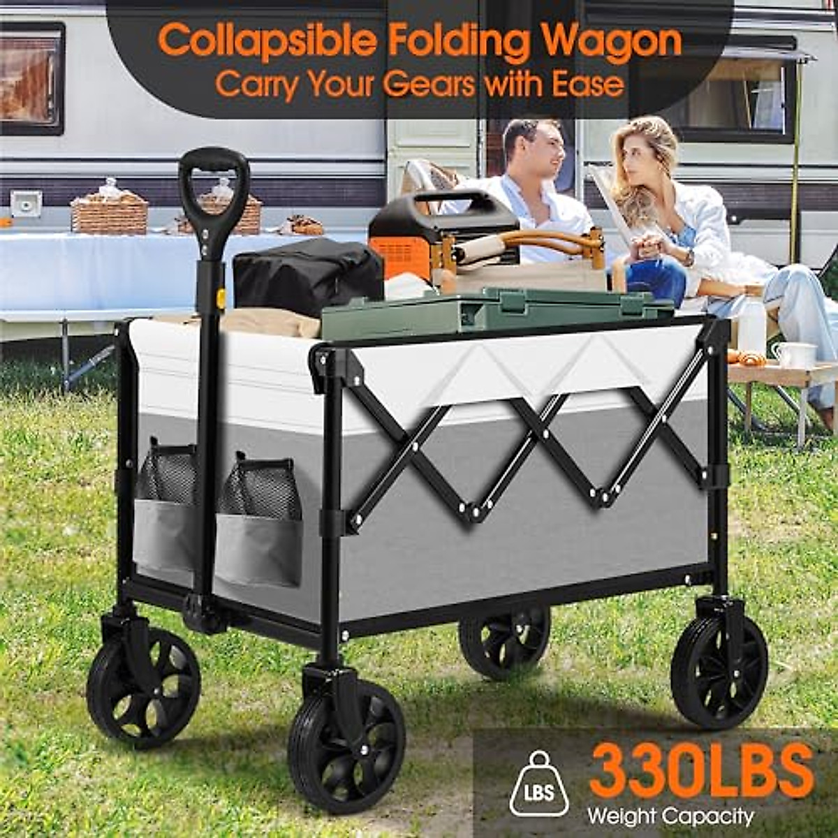 Collapsible Folding Wagon,Large Utility Wagon Cart Foldable,Folding Wagon Cart with All Terrain Wheels,Heavy Duty Garden Cart,Portable Wagon for Shopping Grocery Camping Sports Fishing (Gray/White)