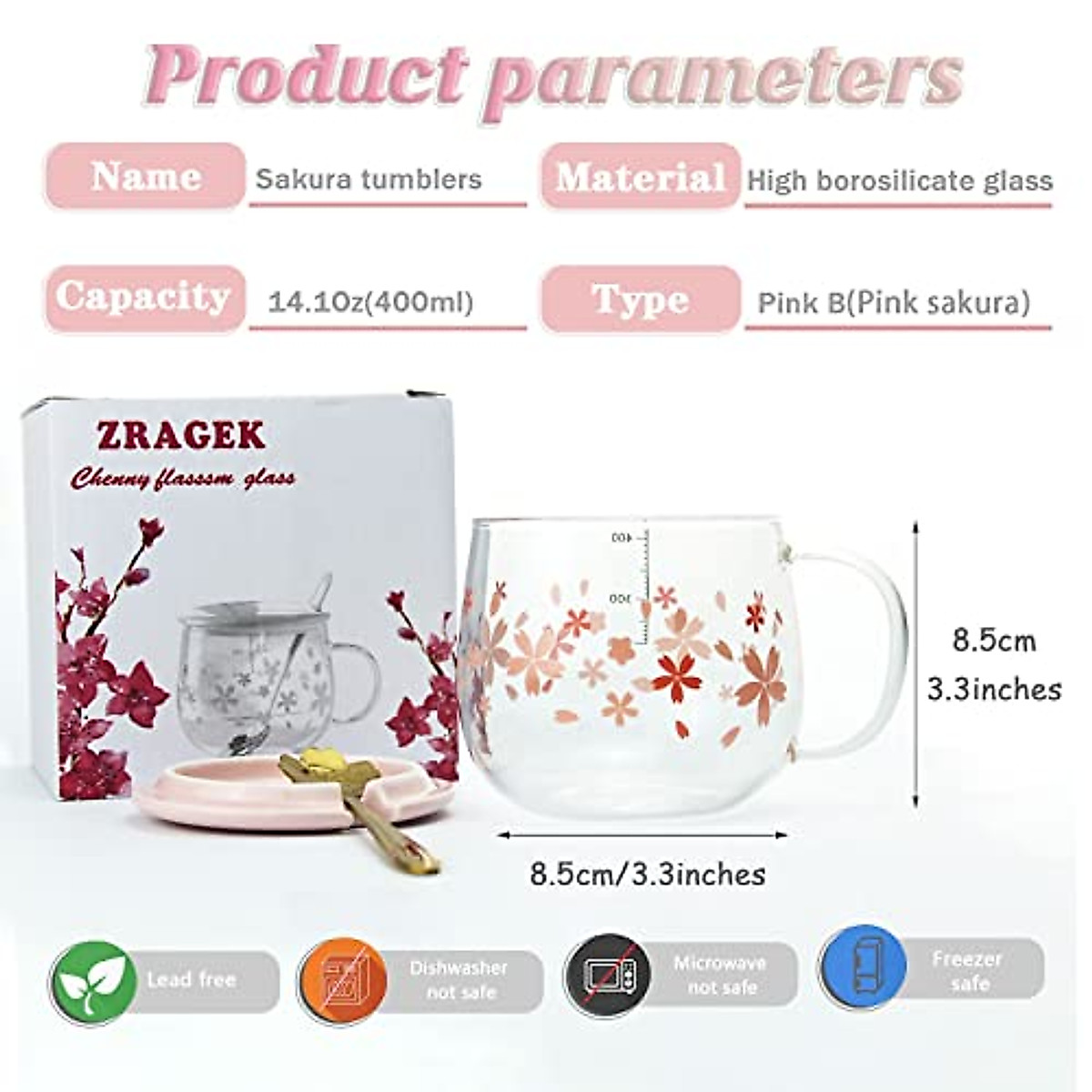 ZRAGEK Sakura Cup, Creative Sakura Mug, Cute Heat-resistant Cup, Transparent Cup, Borosilicate Glass Coffee Cup,Gift(Color : Pink B, Size : 3 Piece Set)