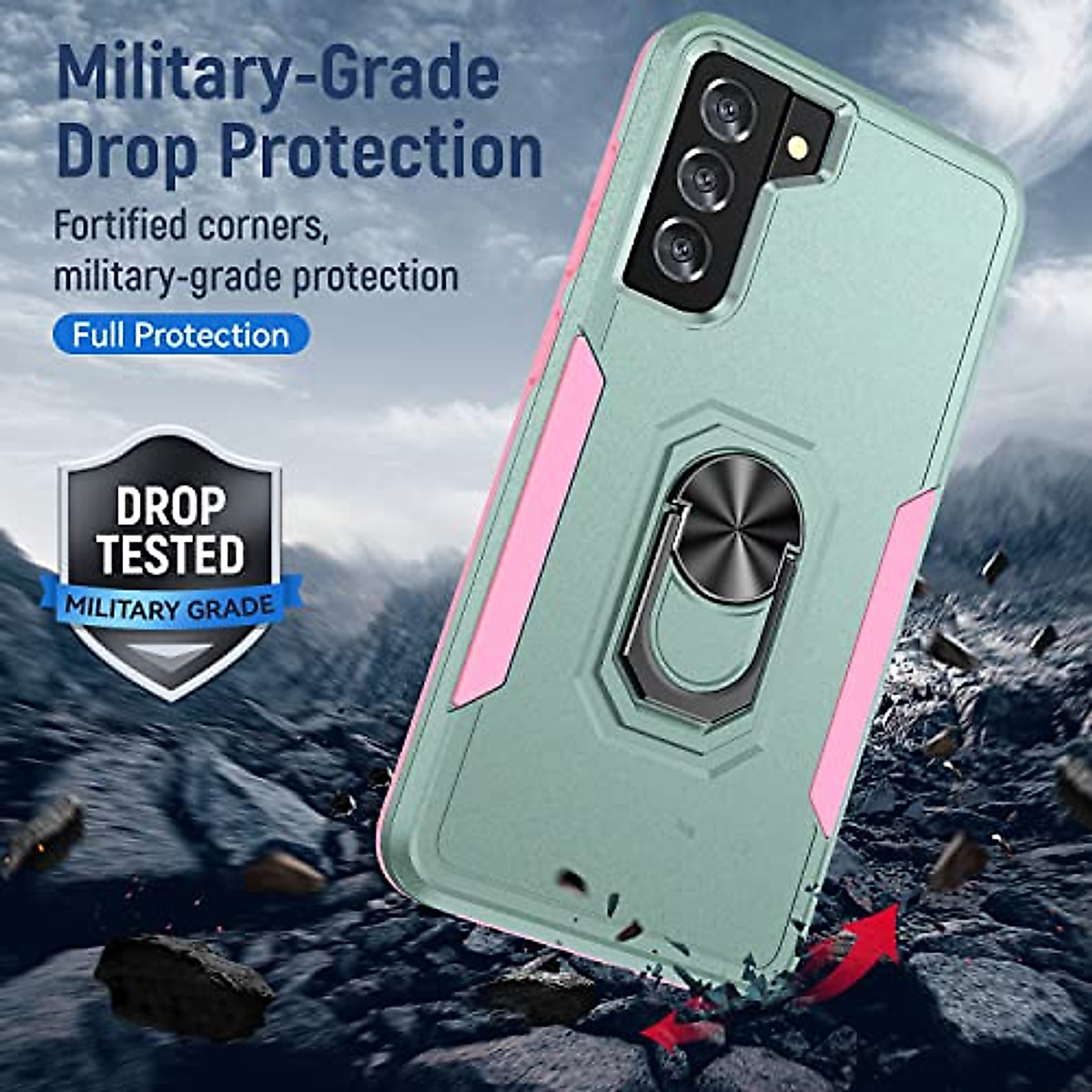 KSELF Galaxy S21 5G Case: Military-Grade Shockproof, Tempered Glass Protector, Ring Kickstand (Green & Pink)