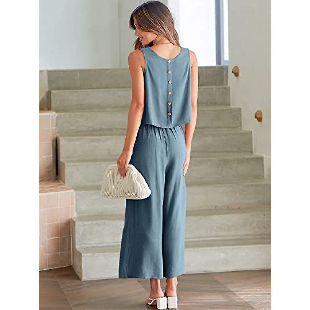 ANRABESS Women's 2 Piece Outfits Summer Sleeveless Tank Crop Button Back Top Cropped Wide Leg Pants Set Matching Loungewear Set Spring Clothes Beach Vacation 546Hulv-M