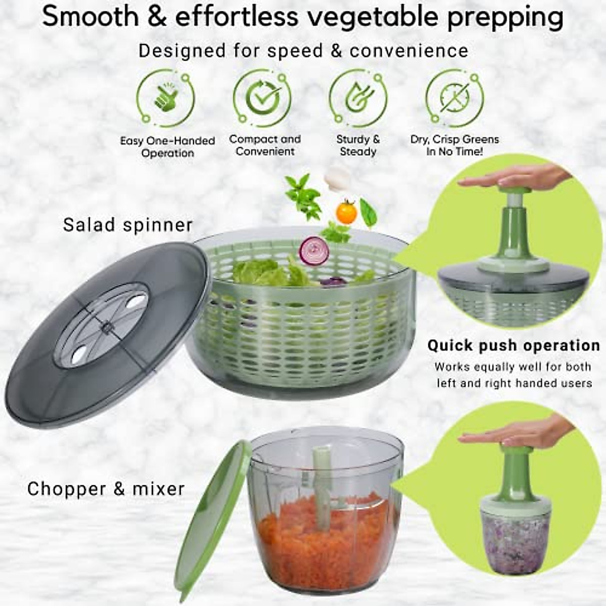 Brieftons Salad Spinner and Chopper: Large 6.3-Quart Lettuce Greens Vegetable Washer Dryer, with Bonus 0.95-Quart Veggie Chopper Mixer, Compact Storage, Easy Push Operation for Quick Veggie Prepping