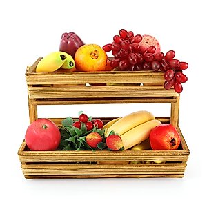 CALM COZY 2-Tier Wooden Fruit Basket, Farmhouse Fruit Basket Counter Top Organizing for Kitchen, Vegetable Stand Bread Racks Produce Basket, Classic Wood Color