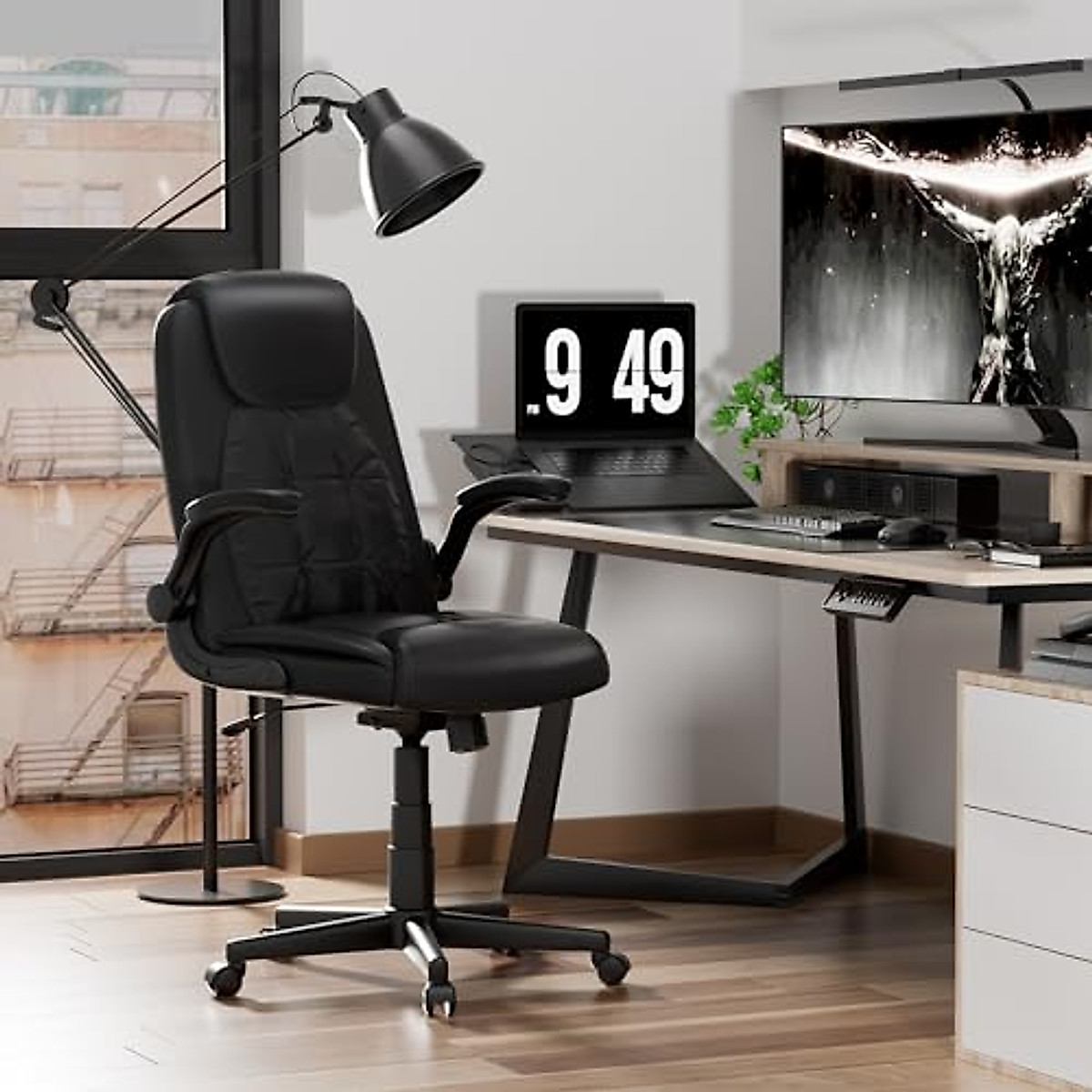 VECELO High Back, Jet Black Ergonomic Executive Chair with SGS Gas Lift, Lumbar Support, Adjustable Height and Rocking Mode, Flip-up Arms, 360°Silent Swivel for Home Office and Gaming