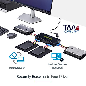 StarTech.com 4 Bay SSD/HDD Hard Drive Eraser, 2.5/3.5" SATA, Hostless Standalone Secure Erase, Disk Sanitizer, Hardware Wiper Erasing Tool, 9 Modes, RS232 Printer Port, NIST/DOD, LCD, TAA (SATERASER4)