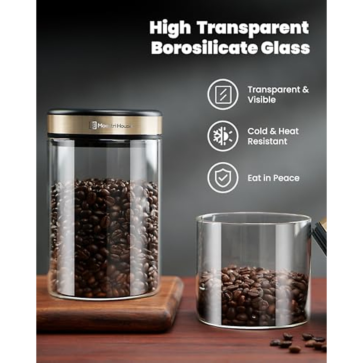 Maestri House Vacuum Coffee Canister Pro, AirTight Coffee Containers, Vacuum Glass Coffee Jar with Coffee Spoon, 40 fl OZ/1.2L Professional Coffee Storage Container for Barista, Gifts (Golden)