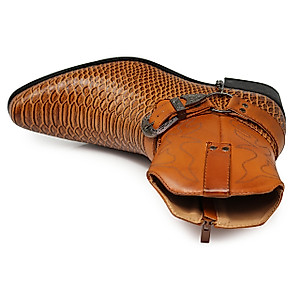 Alberto Fellini Men's Crocodile Prints Western Cowboy Boots with Side Zipper, Belt Buckle and Metal Chain (10.5, Brown)