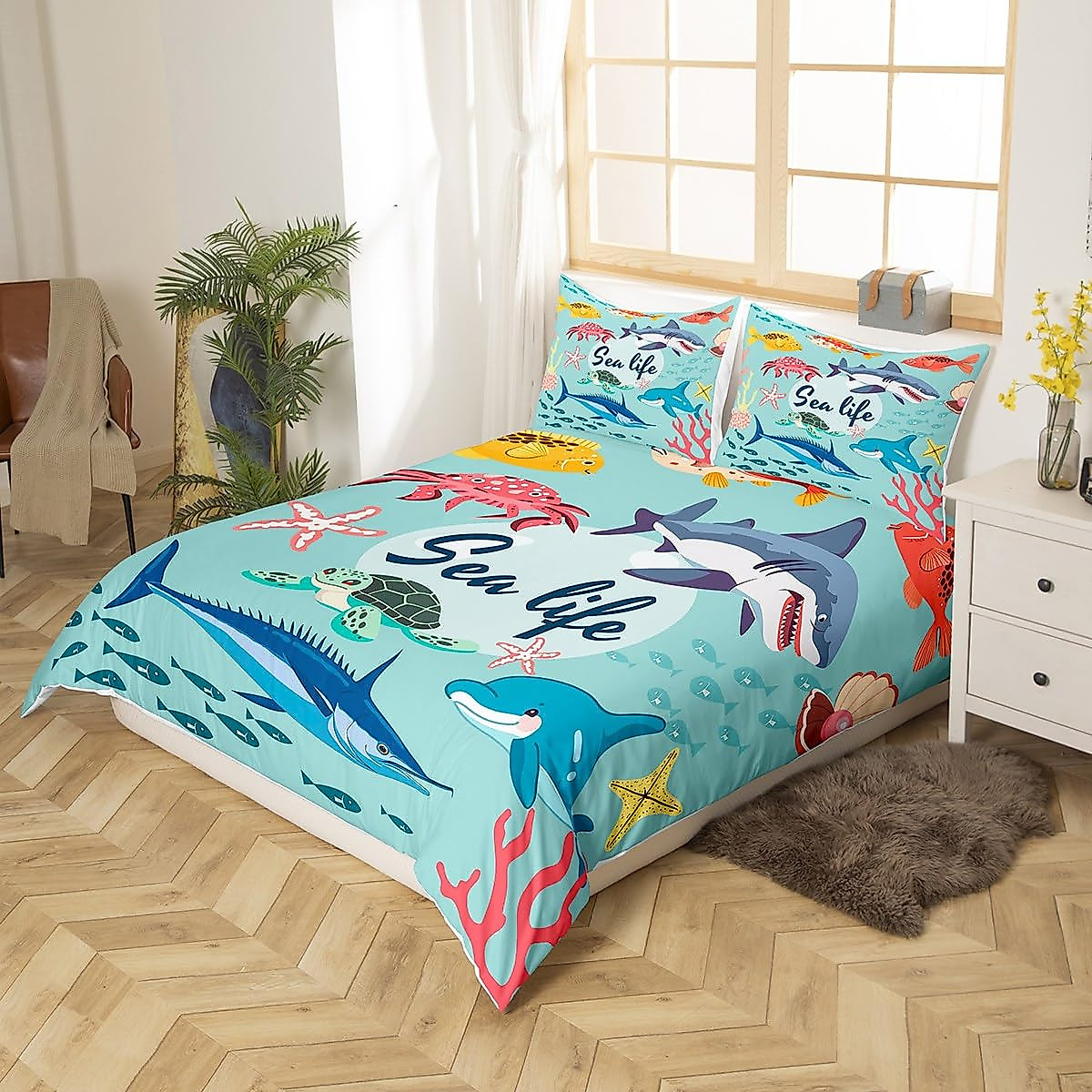 Sea Turtle Comforter Cover Set Twin Size Ocean Fish Marine Life Duvet Cover Under Sea Life Bedding Set for Kids Child,Underwater World Coastal Creature Quilt Cover,Nautical Sea Animal Bedroom Decor