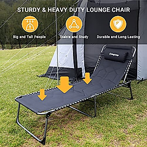 KingCamp Padded Oversized Lounge Chair, Folding Outdoor Chaise Lounge Chair with 5-Position Adjustable, Camping Cot for Beach, Patio, Garden, Pool, Sunbathing with Pillow Side Pocket,Support 300 LBS