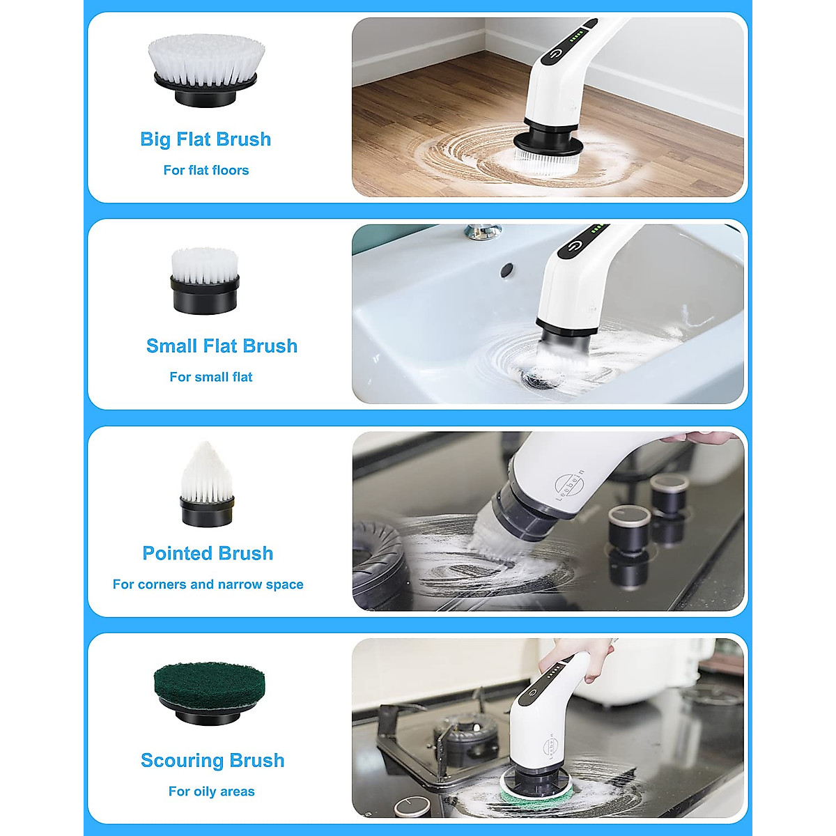 Electric Spin Scrubber, Leebein 2022 New Cordless Cleaning Brush with 8 Replaceable Drill Brush Heads, Tub and Floor Tile 360 Power Scrubber Mop with 54 Inch Adjustable Handle for Bathroom Kitchen Car
