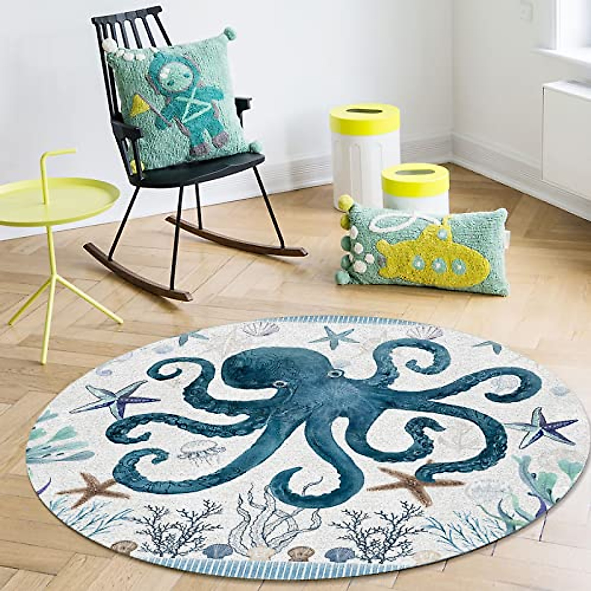 Ocean Octopus Round Area Rugs 5ft - Soft Area Rug for Kids Room, Blue Summer Beach Nautical Coastal Starfish Coral Machine Washable Living Room Circle Rugs, Non-Shedding Bedroom Carpet Floor Mat