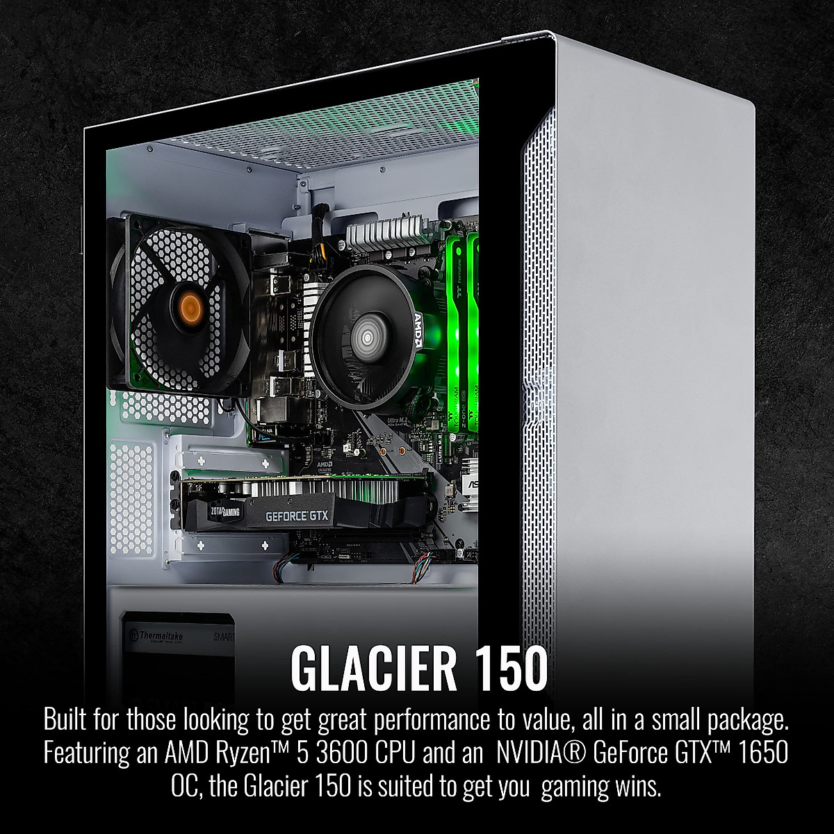 Thermaltake Glacier 150 Gaming PC (AMD Ryzen 5 3600, GTX 1650 OC, 16GB RGB 3200Mhz DDR4 ToughRAM Z-ONE RGB Memory, 500GB SSD, WiFi, Win 10 Home) Gaming Desktop Computer S1WT-B450-G15-LCS