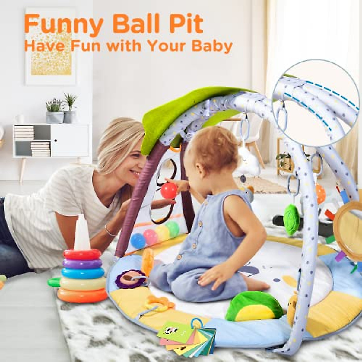 Lupantte Baby Gym Play Mat with 9 Toys for Sensory and Motor Skill Development Language Discovery, Thicker Non-Slip Baby Activity Gym with Ball Pit, Green Tree for Newborns, Babies to Toddlers as Gift