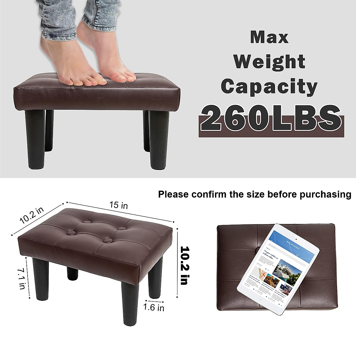CAROLMADE 15” Ottoman Foot Rest, PVC Small Ottoman Foot Stool with Legs Modern Footstool Ottomans for Living Room Entryway Office, Brown