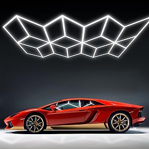 ALL4DETAIL Car Detailing Hexagon Garage Light, 6500K 42570LM LED Ceiling Lights Heaxgon Lighting System with Extended Copper Needle, 15.99 × 7.96ft