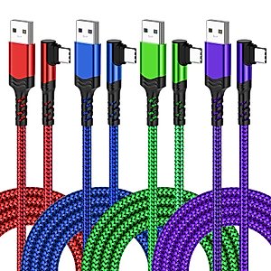 USB C Cable 10Ft, Agtray 4-Pack Long Braided USB a to USB c 90 Degree Plug Type C Right Angle Fast Charging Cord Compatible for Samsung Galaxy S23 S22 S21 S20 Note20, Pixel 7 6 (Red Blue Purple Green)