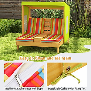 HONEY JOY Kids Chaise Lounge Chair Outdoor, Toddler Wood Double Pool Lounger Chairs w/Canopy, Cup Holders, Removable Stripped Fabric Cushions, 2-Person Kids Patio Furniture for Backyard (Light Green)