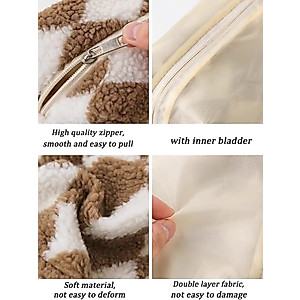 Cessfle Terry Cloth Small Makeup Bag, Checkered Plush Cosmetic Asthetic Plaid Handbags, Cute Zipper Travel Toiletry Soft Storage Pouch for Women