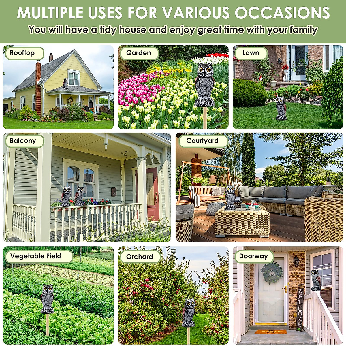 SETCADE Owl Decoy to Scare Birds Squirrels Away, Rotating Head Plastic Fake Garden Owl Statue, Halloween Decorations Outdoor, Owl Scarecrow Bird Deterrents for Outside Garden Orchard Courtyard 2 Pack