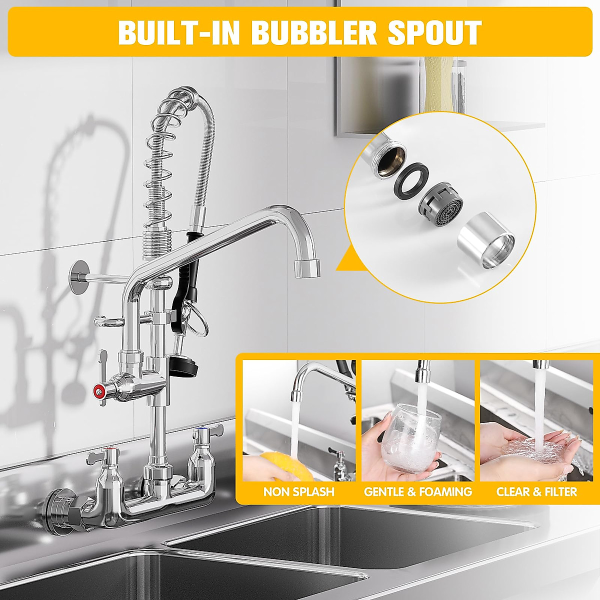 OIERZIN Commercial Faucet Wall Mount with Sprayer 25" Height, 8 Inch Center Brass Constructed Wall Mount Kitchen Sink Commercial Faucet with Pull Down Pre Rinse Sprayer and 12" Add-on Spout