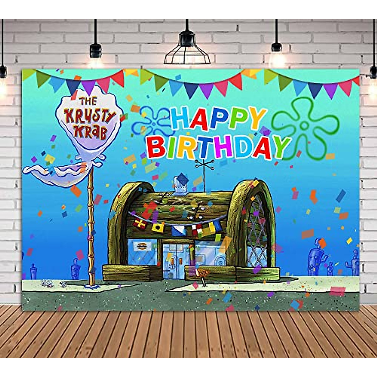 QHY 7x5ft Cartoon Animation Spongebob Theme Photography Backdrop Children Happy 1st Birthday Party Decorations Banner The Krusty Krab Photo Background Vinyl Baby Shower Booth Studio Props