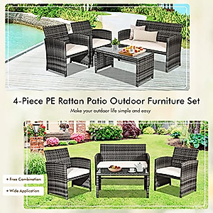 RELAX4LIFE 4-Piece Wicker Furniture Set - Hand-Woven PE Conversation Set with Cushions and Tempered Glass Coffee Table, Outdoor Rattan Sofas for Garden, Poolside, Backyard (White)