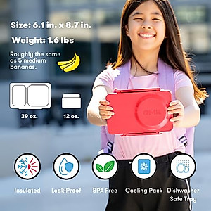Omie OmieBox UP bento Box for Kids | Insulated Lunch Box | Leak Proof Thermos Food jar | Cooler ice Pack | 2 Compartments (Cherry Pink)