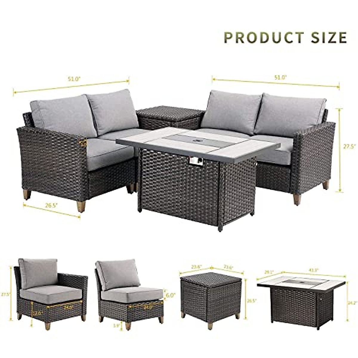 Grand patio Sofa Sets 6 Pieces Luxury Conversation Set with Fire Pit Table, Heavy Duty Rattan Patio Furniture Sectional with Thick Cushions for Yard Garden Porch(Brown Set with Fire Table, 6 PCS)