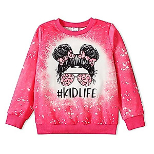 PATPAT Kid Girl's Outfits Cartoon Tie Dyed/Leopard Print Pullover Sweatshirt Long Sleeve Shirt, Hot Pink, 7-8 Years