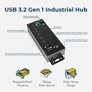7-Port USB-C 3.2 Hub w/ 15KV ESD Surge Protection DIN Rail Mount