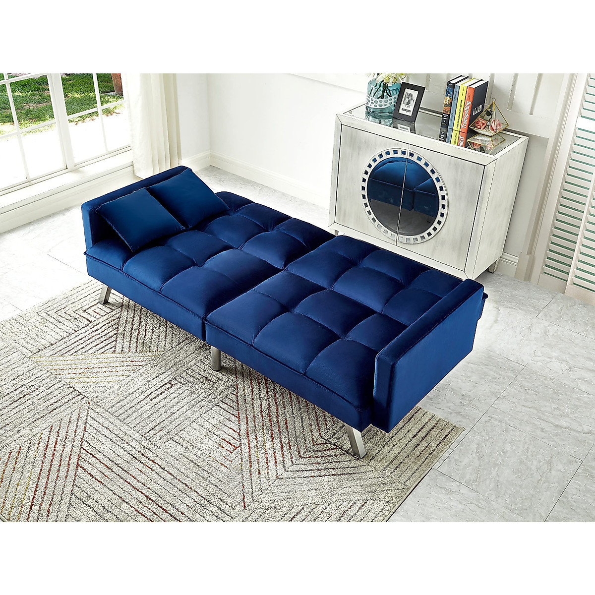 Legend Vansen 80'' Velvet Love seat Convertible Futon Two Pillows, Sleeper Couch with 3 Adjustable Backrests Sofa Bed, Large Sleeping Area Sofabed, Blue