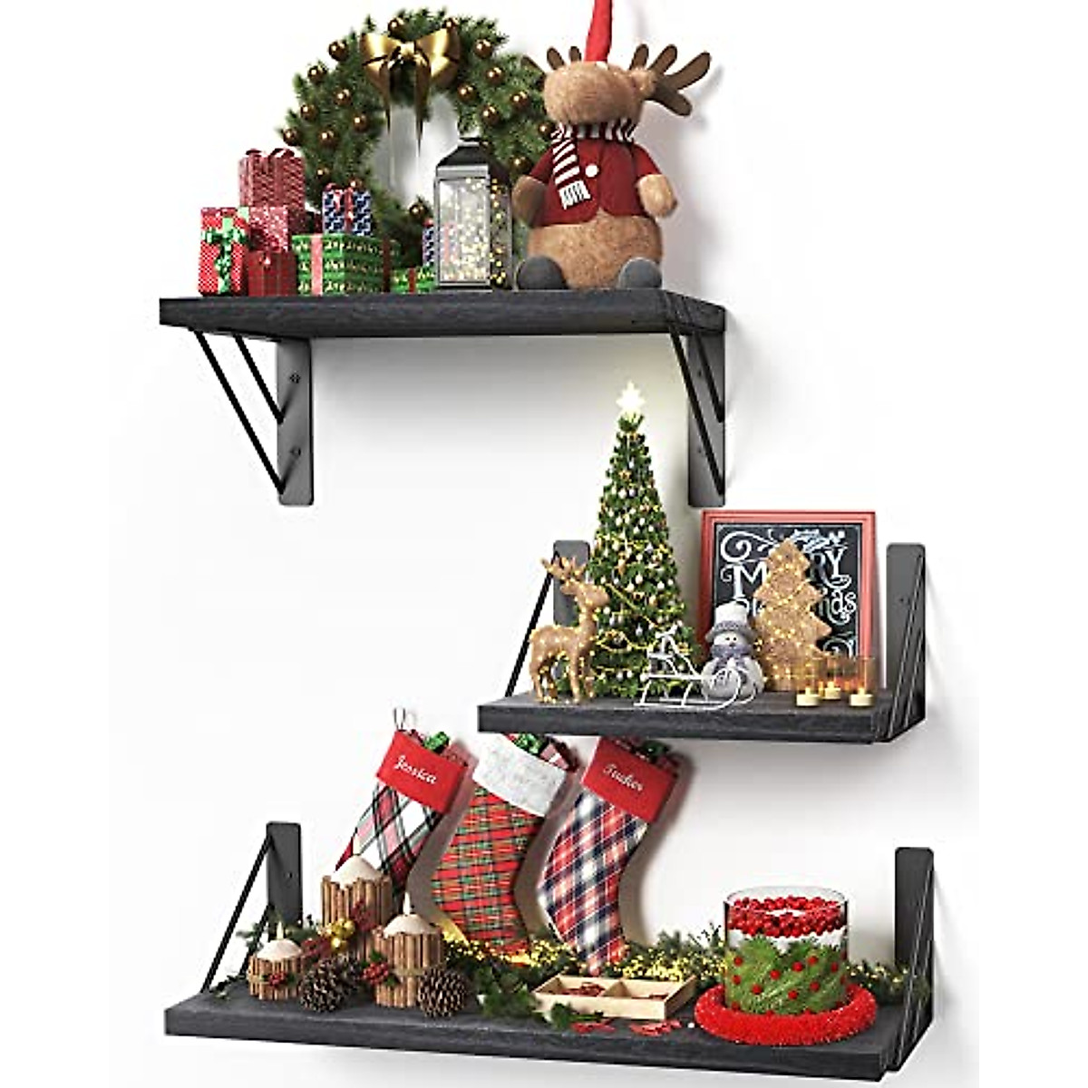 BAYKA Floating Shelves for Bedroom Decor, Rustic Wood Wall Shelves for Living Room Wall Mounted, Hanging Shelving for Bathroom, Laundry Room, Small Shelf for Plants, Books(Black,Set of 3)