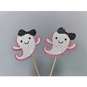 Ghost Cupcake Toppers Pink Glitter, Halloween Ghost Baby Shower Cupcake Toppers Ghost Food Cupcake Picks for Pink Halloween Baby Shower Birthday Party Cake Supplies - 24Pcs
