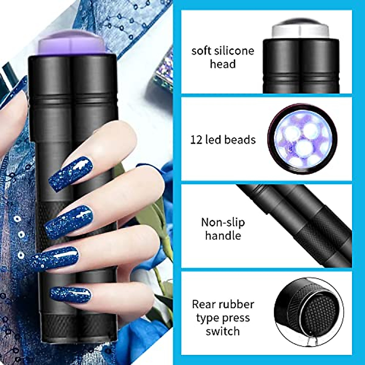 DOUITH Mini UV LED Nail Lamp for Gel Nails with 12 LED, Portable Gel LED UV Nail Lamp with Silicone Nail Stamper, Battery-Powered Gel Cure Lamp Stainless Steel Manicure Tool