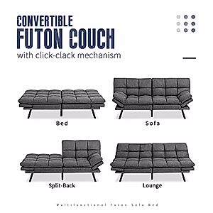 IULULU Sofa Bed, Modern Convertible Futon Sleeper Couch Daybed with Adjustable Armrests for Studio, Apartment, Office, Small Space, Compact Living Room, Grey