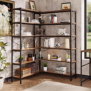 GLAUBIO 6-Shelf Corner Bookcase, Vintage Industrial Corner Shelf Stand Etagere Bookcase,Corner Shelf Storage Display Rack with Metal Frame for Living Room Home Office (Large)