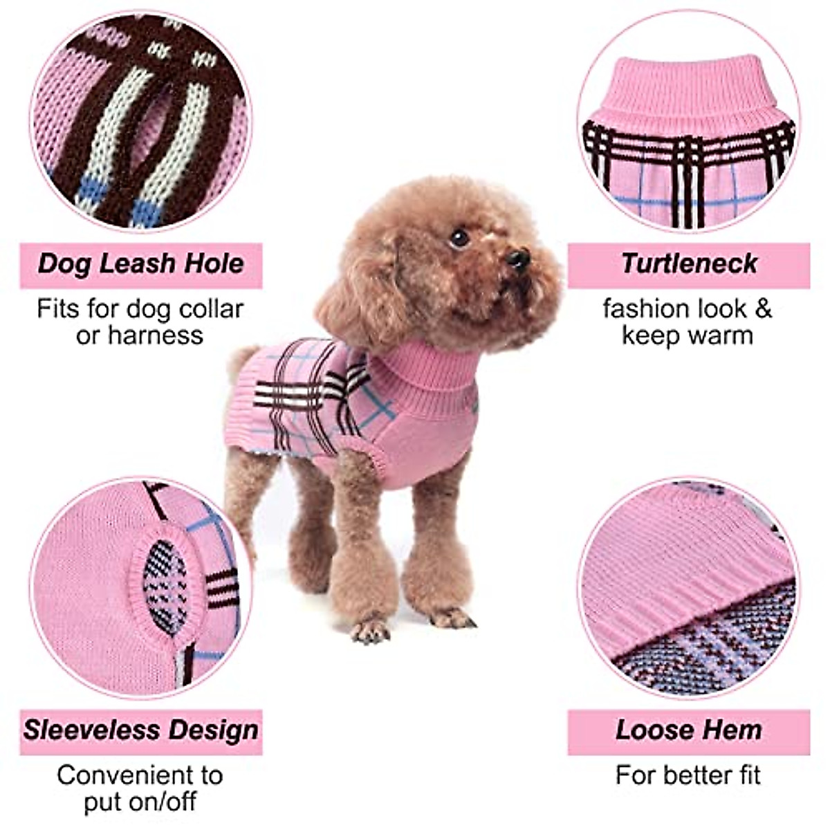 DILLYBUD Small Dog Sweaters, Dog Clothes Turtleneck Plaid Knitwear Pet Sweater Pullover for Puppy Doggie Cat Girls or Boys, Dog Apparel Coat for Fall Winter Cold Weather Indoor or Outdoor Size S,XS,M