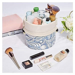 Barrel Drawstring Makeup Bag Travel Cosmetic Bag Large Toiletry Organizer Waterproof for Women (Large, Blue Leaf)